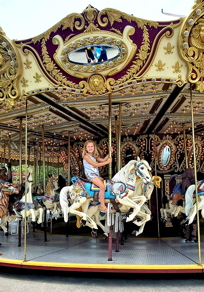 The carousel's ornate details and prancing steeds transport riders to a simpler time, when entertainment didn't require Wi-Fi or charging cables.
