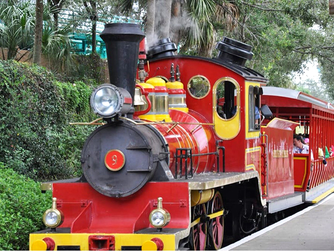 All aboard!: The cherry-red engine gleams in the Florida sunshine, its polished brass and vintage details promising an adventure straight out of another era.