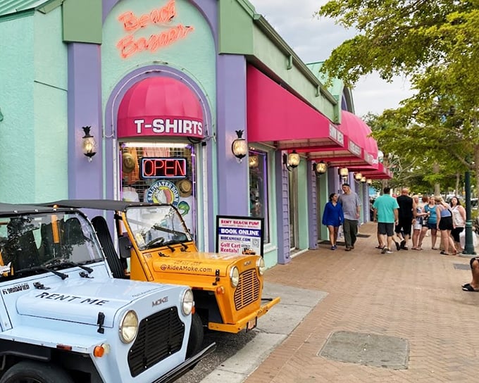 A kaleidoscope of coastal kitsch where souvenir hunters can find everything from tacky t-shirts to treasures worth shipping home.