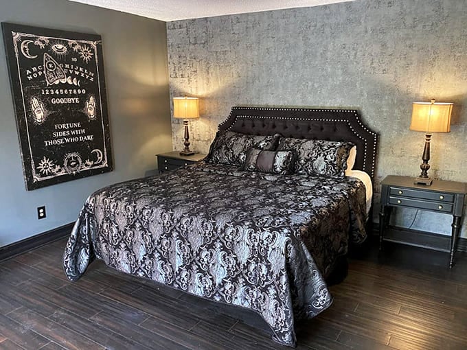 Sleep tight, don't let the spirits bite! This bedroom's Ouija board wall hanging promises "fortune favors those who dare" &ndash; including daring to nap.