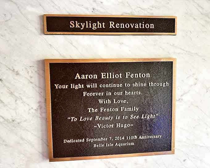 A touching memorial plaque reminds us that even aquariums need skylights &ndash; fish appreciate good lighting for their Instagram photos too.