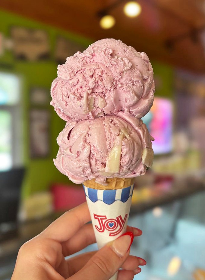 Pink perfection in a cone &ndash; this berry-studded scoop proves that sometimes the simplest pleasures deliver the most profound joy.