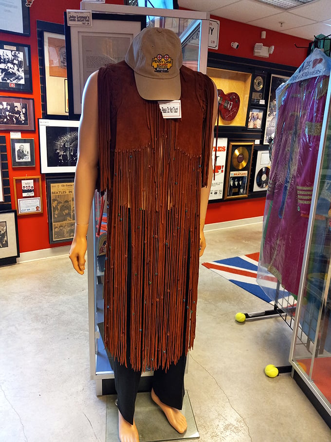 This fringed vest isn't just fashion &ndash; it's a piece of music history, carefully preserved behind glass for Beatles aficionados to admire.