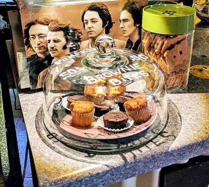 These "Brownie Fields Forever" treats sit beneath a glass dome, guarded by Beatles memorabilia and tempting every sweet tooth that passes by.