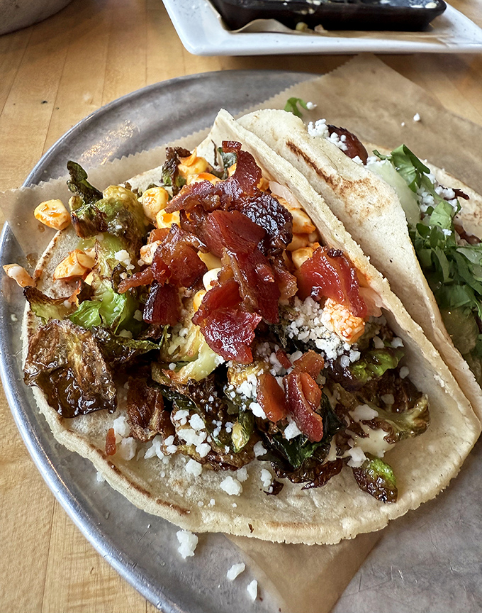 Brussels sprouts find their higher calling in these tacos &ndash; crispy, savory, and topped with just enough cheese to make you forget they're vegetables.