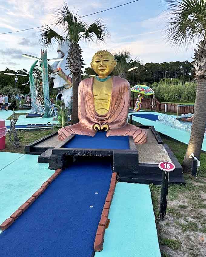 This serene Buddha watches over golfers with eternal patience, perhaps contemplating the zen of the perfect putt as players navigate his challenge.