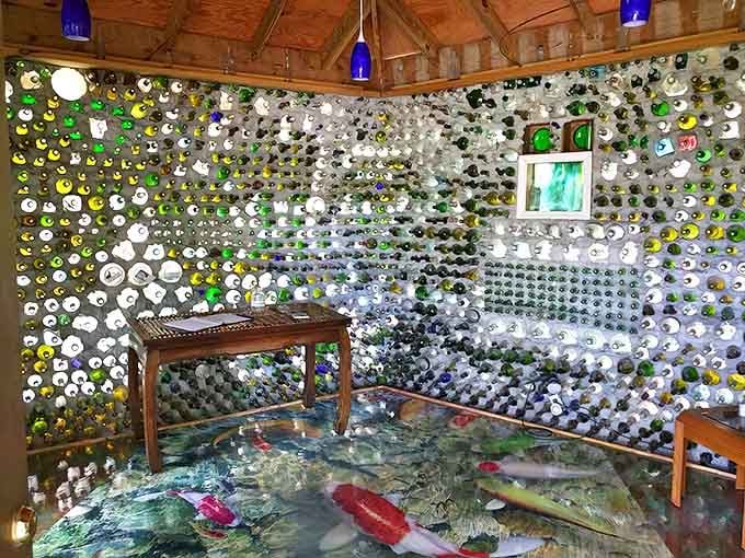 Step inside and witness everyday bottles transformed into stained glass masterpieces, filtering Florida sunshine into a dance of color.