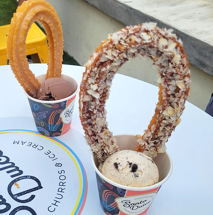 A churro halo crowns creamy ice cream &ndash; the marriage of warm, crispy dough and cold, smooth sweetness creates dessert harmony.
