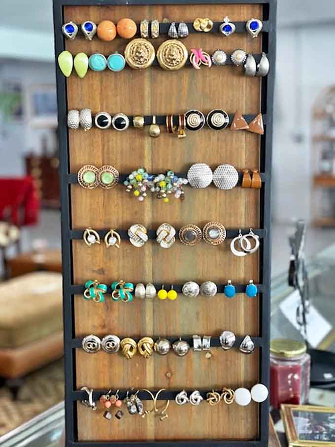 A kaleidoscope of vintage earrings awaits new ears, each pair with its own story and enough variety to tempt even the most minimalist accessory collector.