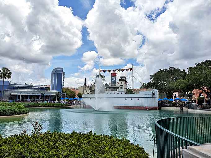 Echo Lake's vintage steamboat floats peacefully, offering a moment of tranquility before you're back to sprinting between attractions like a caffeinated toddler.