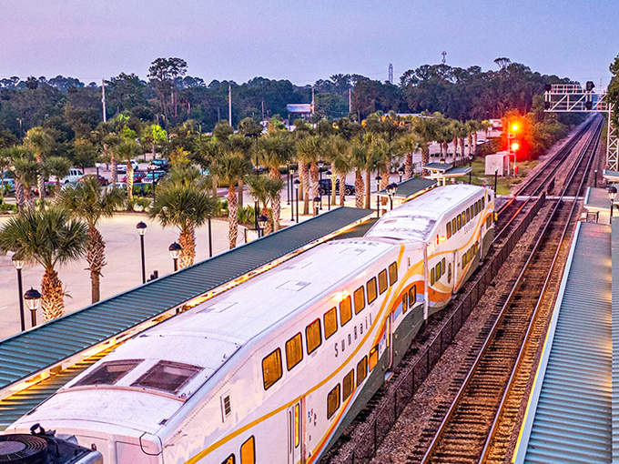 As dusk settles over Central Florida, the illuminated SunRail train creates a striking contrast against the twilight sky and swaying palm trees.