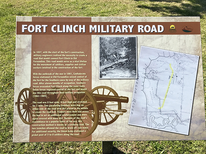 Military ingenuity on display! This sign details how the Fort Clinch Military Road served as a lifeline for troops and supplies in 1847.
