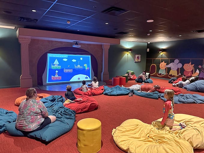 The Indoor Movie Time Room features cozy bean bags and a large screen – a blissful air-conditioned retreat where families recharge between outdoor adventures.