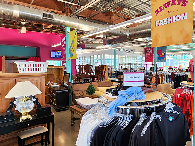 Furniture that tells stories sits alongside fashion that makes statements &ndash; all under industrial chic exposed ductwork.