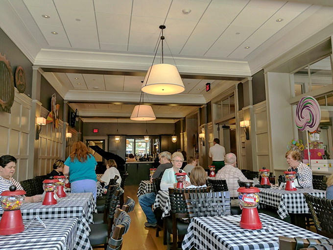 The lobby dining area combines vintage charm with modern cuisine, making pre-show meals as memorable as the performances themselves.