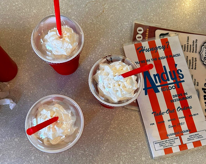 Whipped cream mountains atop milkshake valleys&mdash;the holy trinity of Andy's desserts awaits. These aren't drinks; they're edible nostalgia served with a straw.