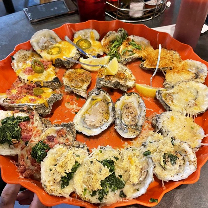 A colorful coral reef of baked oysters &ndash; some crowned with spinach and cheese, others with jalape&ntilde;os &ndash; each shell a different adventure.