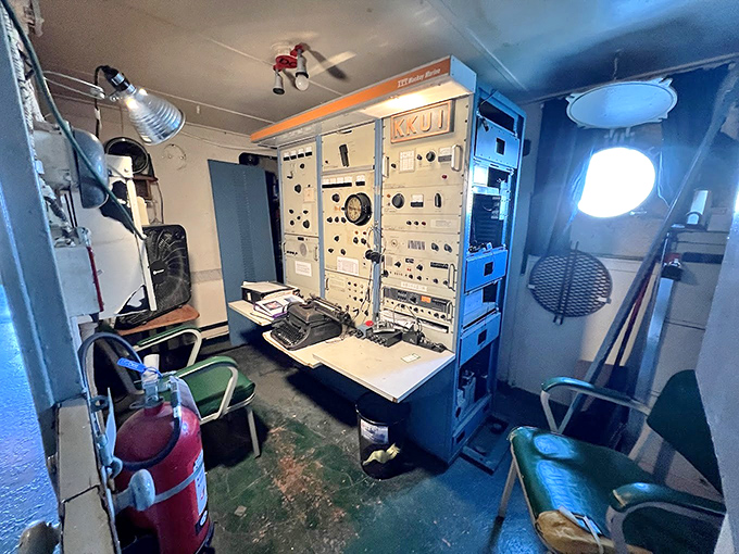 Step into the Radio Room where urgent wartime messages once crackled through these vintage communication systems.