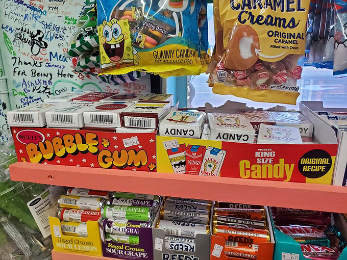 Retro candies line the shelves like a museum of sugary nostalgia, with brands that transport you straight back to Saturday morning cartoons.