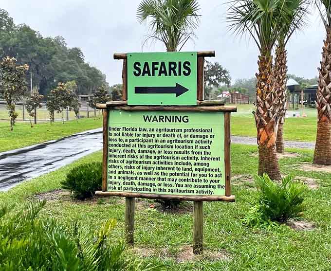The safari sign points the way to adventure, while the warning reminds us we're entering the animals' territory &ndash; not the other way around.