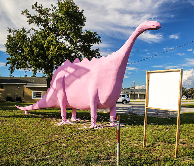 Sunshine and blue skies create the perfect backdrop for this 22-foot tall pink masterpiece of Americana.