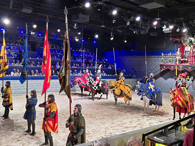 Tournament Arena Knight Parade Scene: Pageantry in motion &ndash; knights parade before their adoring fans, each representing a section of the cheering crowd.