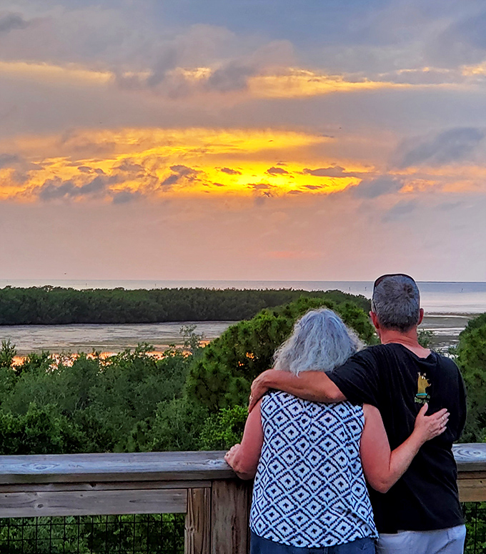 Sunset painters couldn't dream up these colors&mdash;nature's showing off again at dusk over the coastal waters.