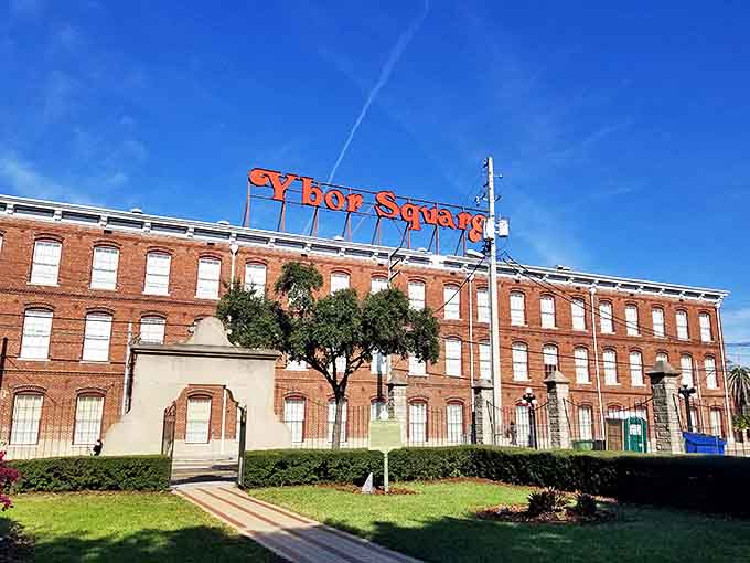 Ybor Square: The bold "Ybor Square" sign crowns this former cigar factory, now repurposed while preserving its industrial soul.