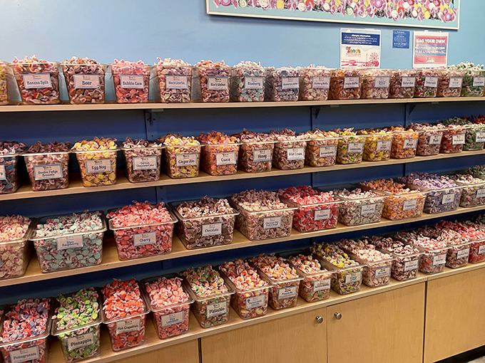 A candy mathematician's dream, perfectly organized bins of taffy waiting to jump into your bag by the pound.