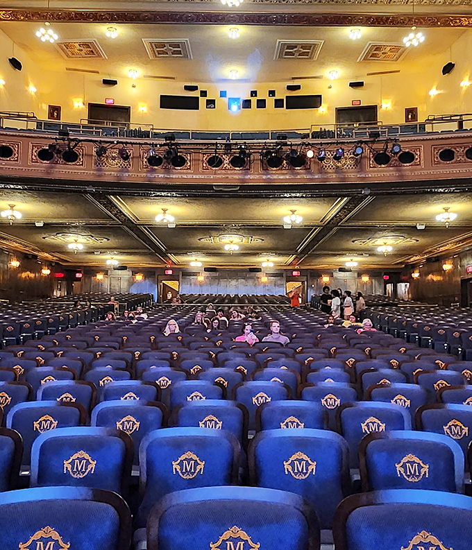 Blue velvet seats embroidered with golden "M" monograms await patrons like thrones for everyday royalty of the cinema world.
