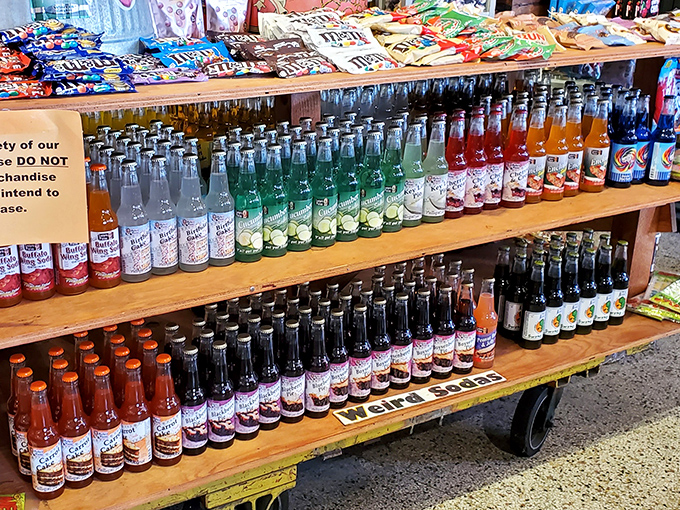A rainbow of glass bottles stands at attention, each vintage-style soda promising flavors from classic root beer to wild concoctions that dare you to try them.