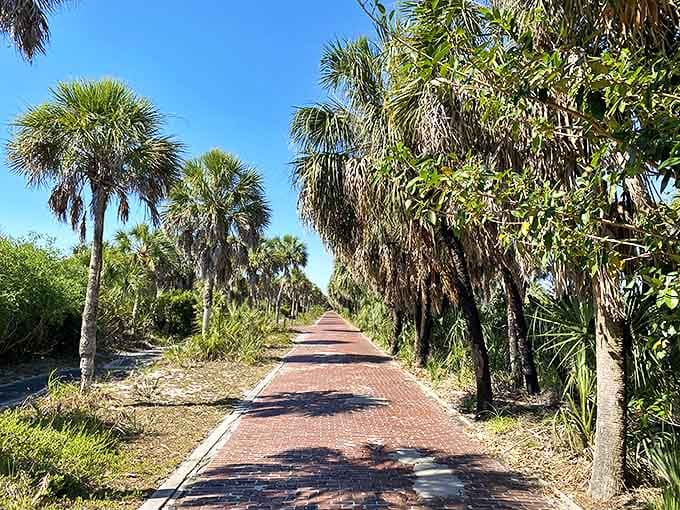 A brick pathway lined with swaying palms invites explorers to wander through the island's interior, history whispering with each step.