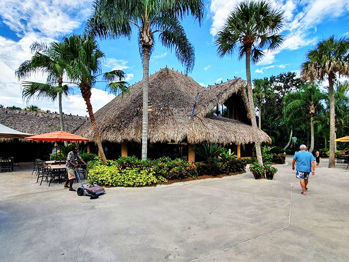 Thatched-roof cabanas offer shady retreats after aquatic adventures, their tropical design blending seamlessly with the lush surroundings.