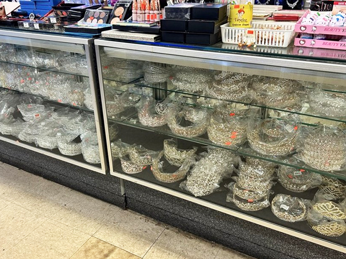 Tiaras and crowns await their moment to transform ordinary shoppers into royalty, one rhinestone at a time.