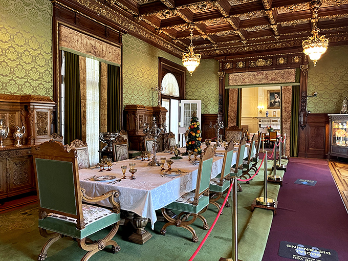 The dining room where even the silverware had better manners than most of us. Those chairs have seen fancier bottoms than yours.