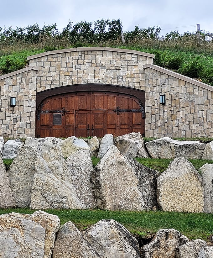 Not just any cellar door &ndash; these massive wooden portals guard the entrance to Mari's underground wine caves like sentinels from another era.