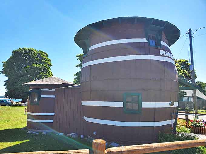 From the street, the barrel's full glory hits you like a cartoon come to life, complete with metal bands and a cheerful paint job.