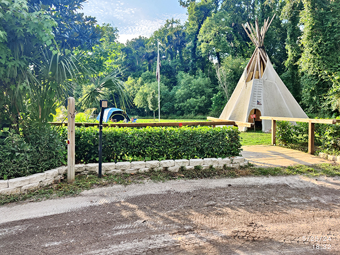 Not your average campground amenity! This teepee stands as a whimsical landmark at the outpost, promising adventures beyond the ordinary.