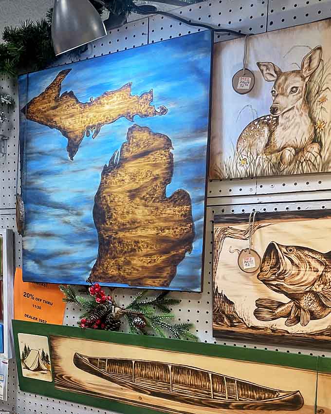 Michigan pride shines through rustic wooden art pieces – perfect for that Up North cabin or any home celebrating Great Lakes heritage.