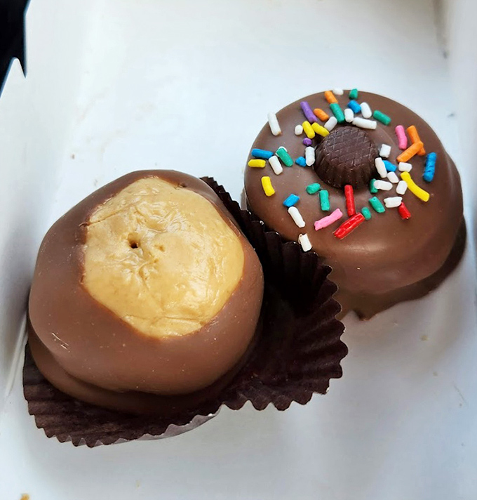 This chocolate-dipped mini donut with sprinkles isn't just dessert&mdash;it's childhood joy transformed into a two-bite masterpiece.