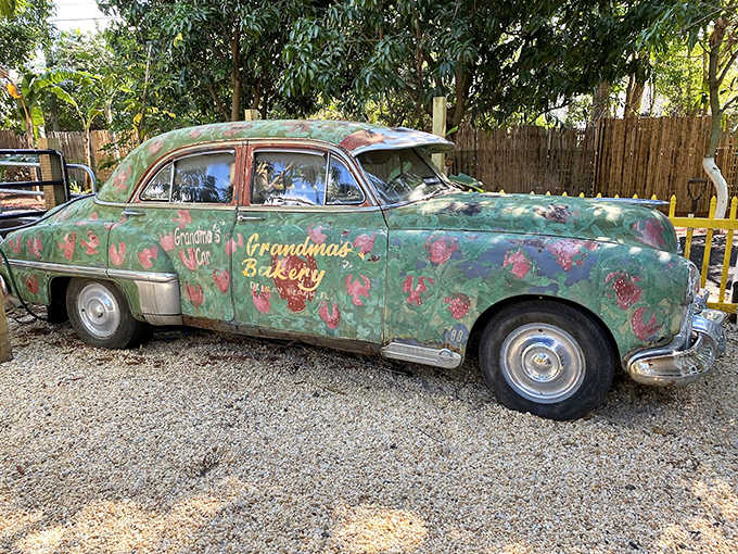 Grandma's Bakery's vintage car, painted with whimsical flowers, serves as both decoration and perfect photo opportunity for families creating lasting memories.