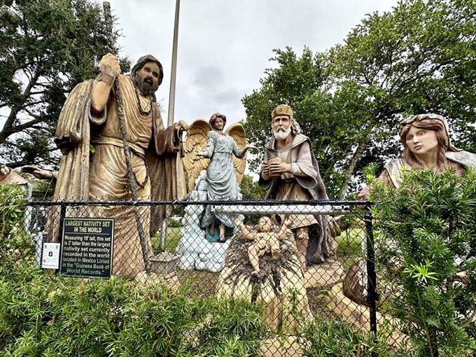 The sign proudly proclaims what your eyes can hardly believe: at 19 feet tall, this nativity outgrows its Mexican competitor by two impressive feet.