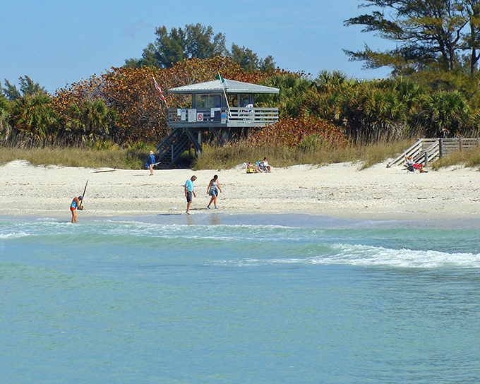 North Jetty Park provides public beach access where locals gather to fish, surf, and witness dolphins playing in the gentle Gulf swells.