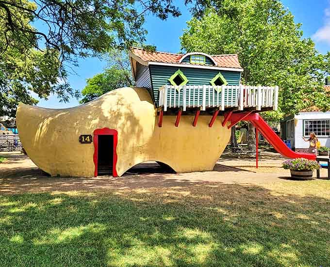 Not your average playground equipment! This giant wooden shoe playhouse proves the Dutch have a delightful sense of humor about their iconic footwear.