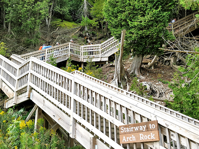 The wooden stairway to Arch Rock offers both a workout and anticipation, each step bringing you closer to geological stardom.