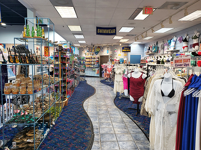 Swimwear section: Bathing suits in every imaginable pattern line the walls, perfect for those who want to showcase their character loyalty while lounging poolside.
