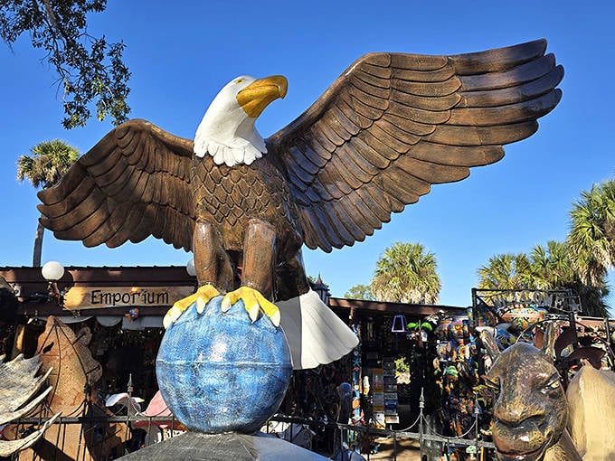 This majestic metal eagle perched atop a globe represents just one of hundreds of unique treasures waiting to be discovered.