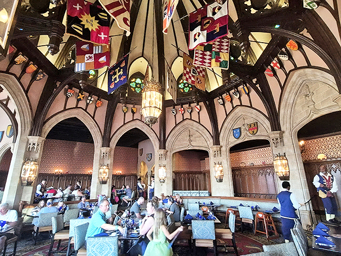 Cinderella's Royal Table offers a medieval banquet hall experience fit for royalty. The soaring ceilings and heraldic banners create an atmosphere of fairy tale elegance.