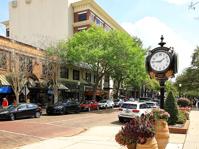 Winter Park's tree-lined avenues and brick streets create a sophisticated yet welcoming atmosphere for shoppers and diners exploring this cultural hub.
