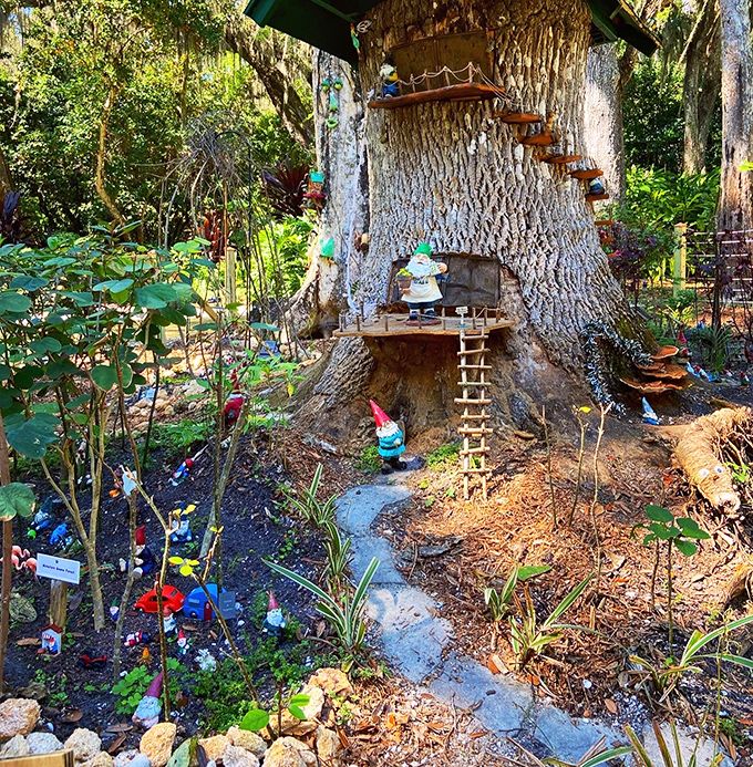 A tiny gnome stands guard at the base of his elaborate tree home, complete with handcrafted ladders and platforms climbing skyward.